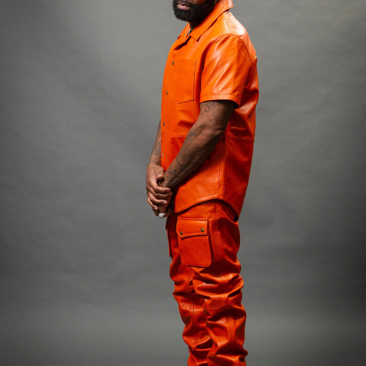 Men's Leather Short Sleeve Shirt And Cargo Pants Track Suit [Orange ...